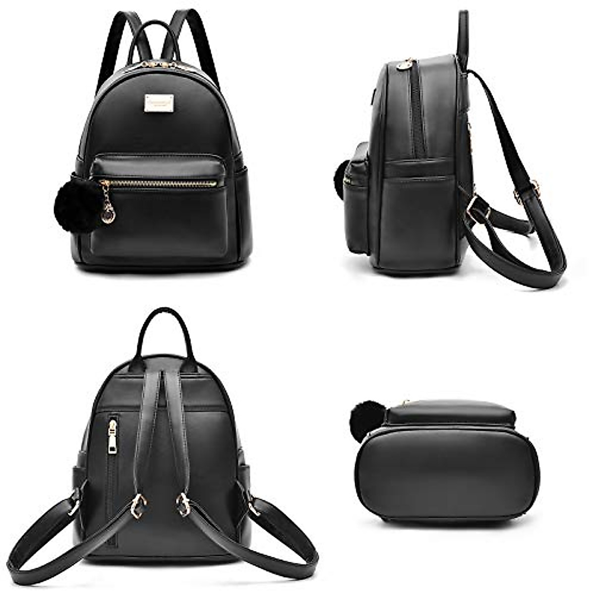 I IHAYNER Women Fashion Backpack Cute Leather Backpack Mini Backpack Purse for Women Satchel Bags with Pompom Casual Travel Daypacks Black