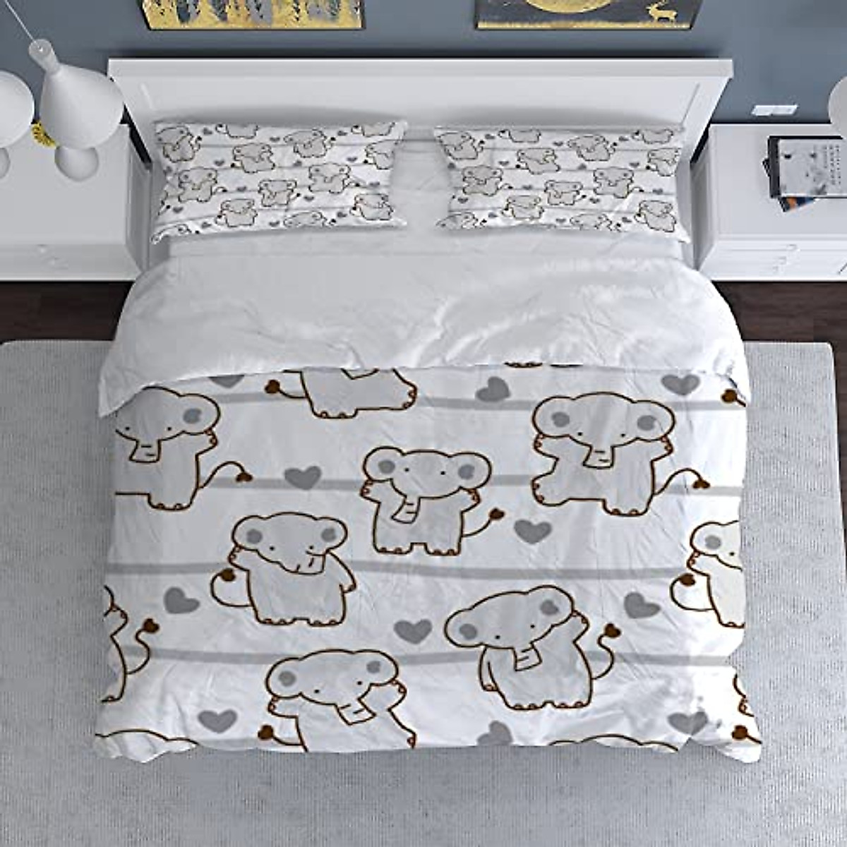 Duvet Cover Sets California King -Cartoon Cute Elephant-Bedding Comforter Set Breathable SetsSoft Microfiber 3 Pcs