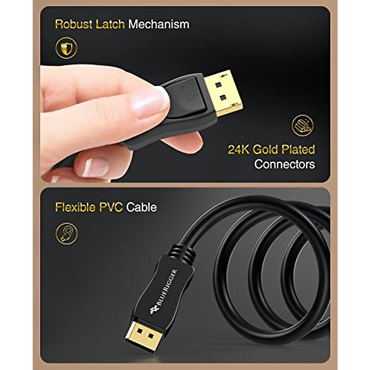 BlueRigger 8K DisplayPort Cable 1.4 (10FT, 32.4Gbps, HDR10+, DP to DP, 8K@60Hz, 4K@144Hz, 2K@165Hz, 1080p@240Hz) Display Port 144Hz per VESA Specifications for Laptop PC Graphics Card, Gaming Monitor