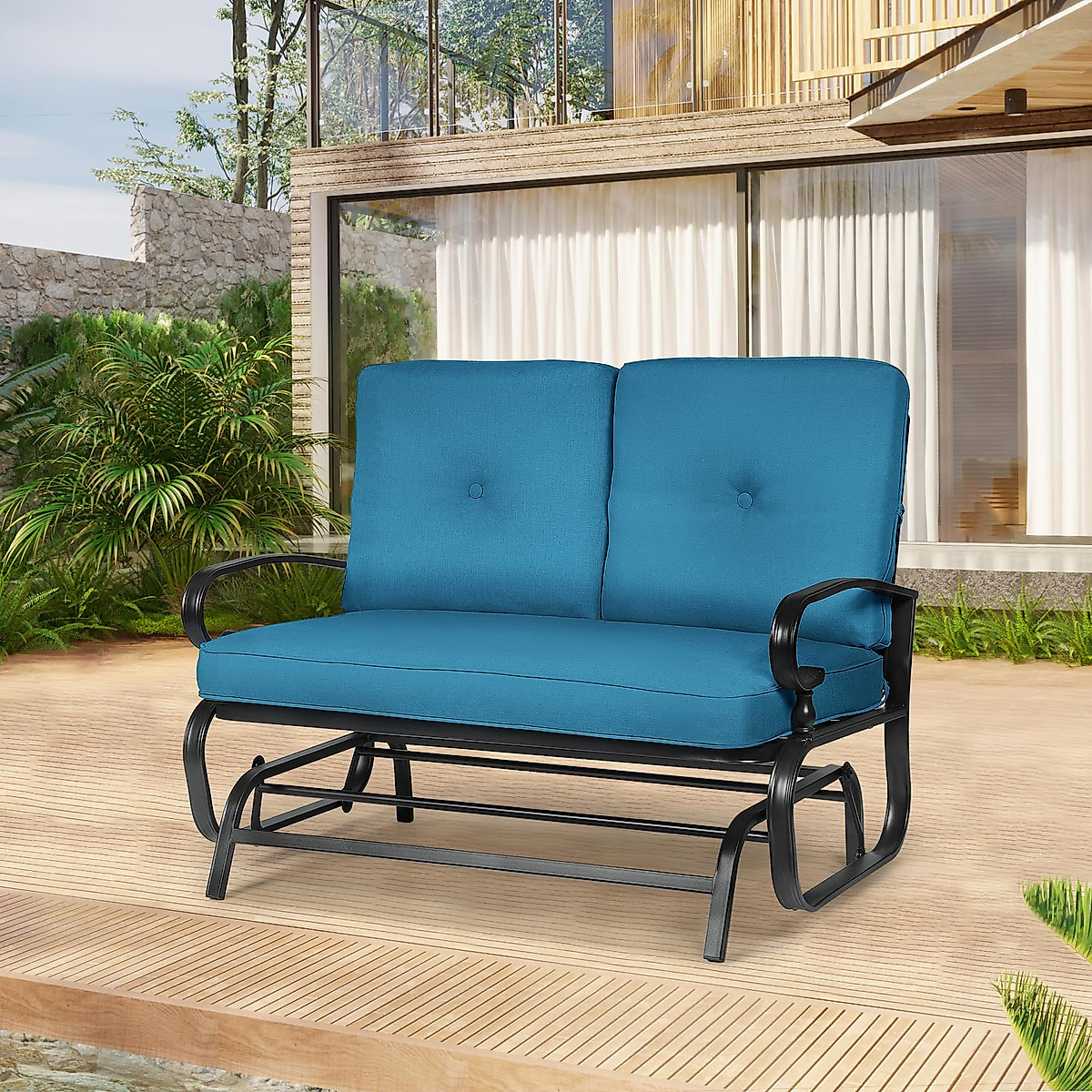 Patiomore Outdoor Bench Patio Swing Glider Loveseat 2 Seats Rocking Chair, Wrought Iron Chair Set with Blue Cushion