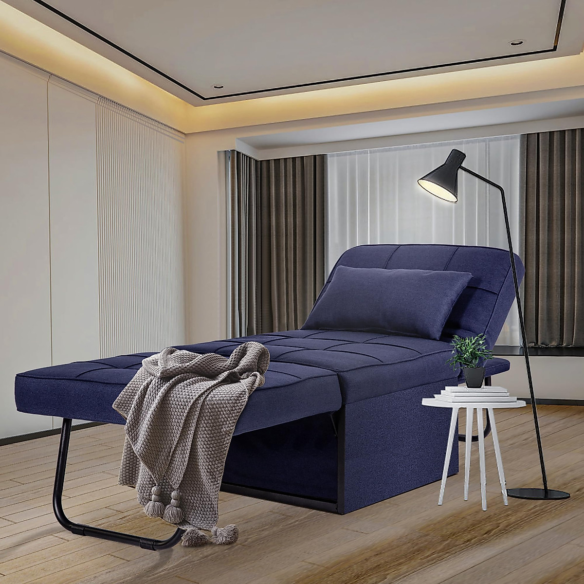 Seogwisam Convertible Sofa Bed,4 in 1 Multi Function Ottoman Bed,Assembly-Free Chair Bed Sleeper with Adjustable Backrest and Pillow-Navy Blue 28" W