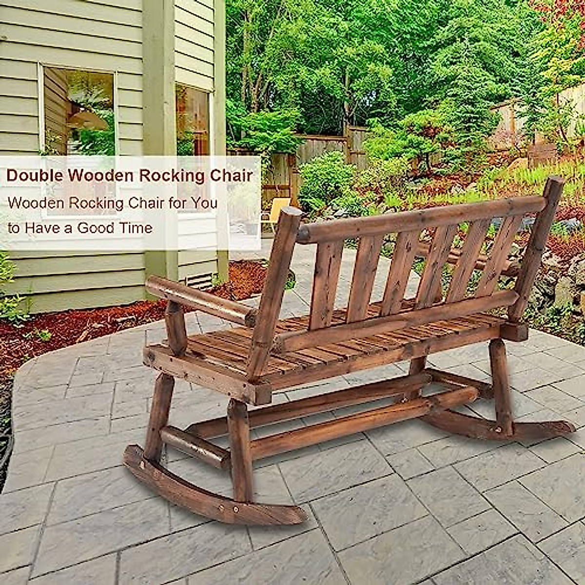 KINTNESS Outdoor Wood Double Rocking Chair - 2-Person Patio Rocker Bench for Balcony Yard Poolside