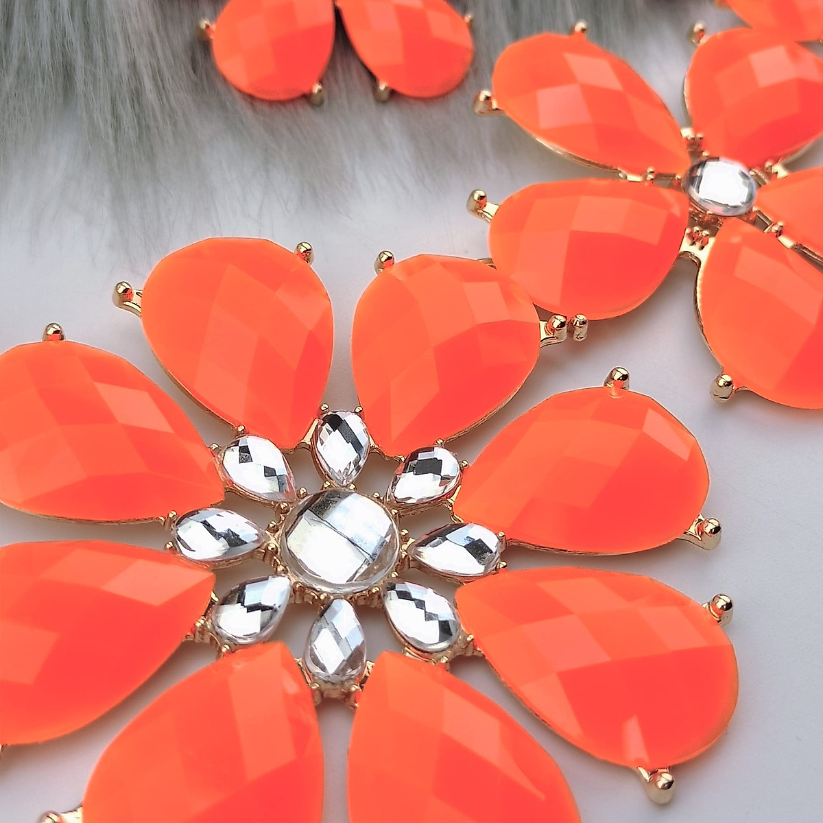 Firstmeet Shiny Flower Statement Collar Necklace with Earrings(XL-1104-Orange A)