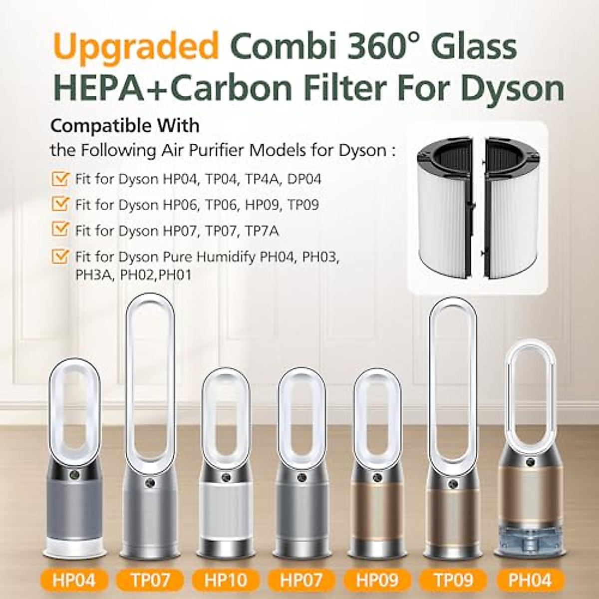 360° Combi 2 in 1 HEPA + Carbon Filter for Dyson TP04 HP04 TP07 TP06 HP06 TP4A TP7A PH02 PH01 PH03 PH04 PH3A HP09 TP09 HP07 HP10 TP10 HP4A HP7A DP04 Air Purifi-er, H13 True HEPA Filter #965432-01