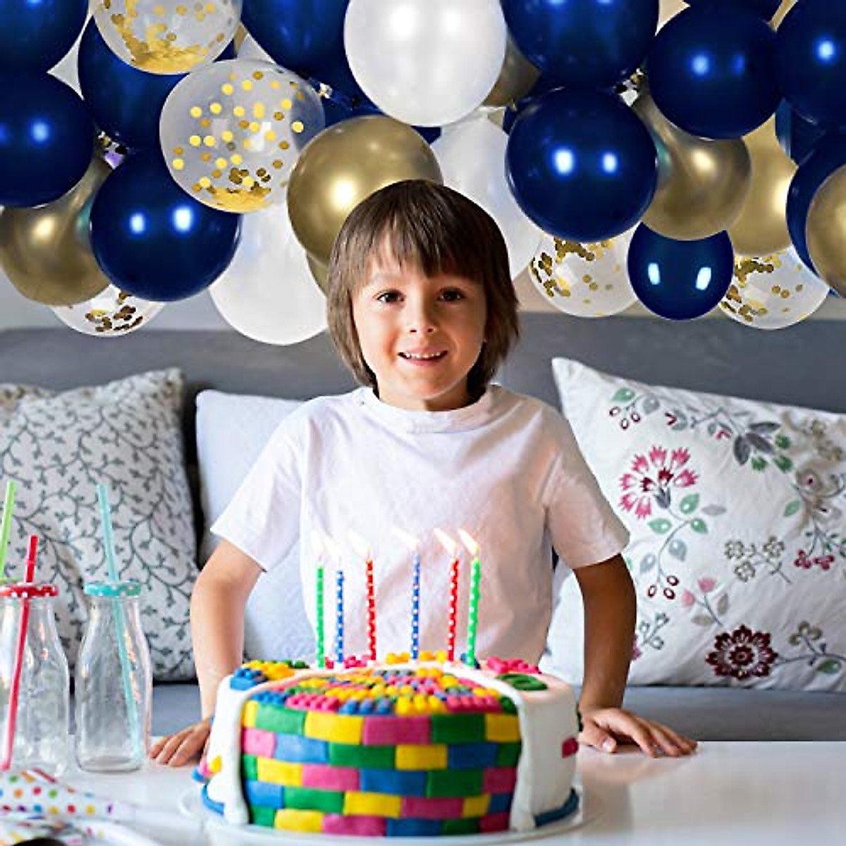 Navy Blue and Gold Confetti Balloons Party Decoration Supplies 70pcs 12 inch Gold Metallic Pearl White Balloons for Navy Party, Baby Shower, Wedding, Graduation, Birthday, with 2 Strips, 2 Foil Ribbon