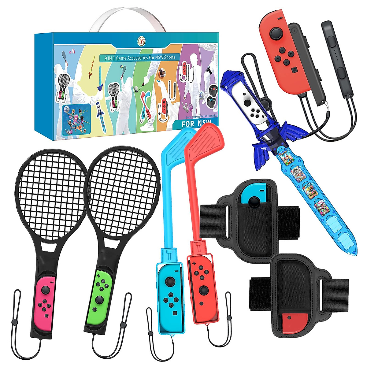 JDDWIN Switch Accessories Bundle:9 IN 1 Accessories kit for Nintendo Switch/Switch OLED Sports Games Accessories -Tennis Rackets,Zelda Sword,Joycon Grip, Hand&Leg Straps,Golf Clubs (9 in 1)