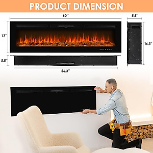 Clevich 60 inches Electric Fireplace Insert and Wall Mounted with Multicolor Flame,750w/1500w Fireplace Heater Low Noise,Fire Place for The Living Room,Touch Screen Remote Control with Timer,Black