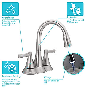 Aqua Vista 22-B42CPL-BN-AV Bathroom Sink Faucet, Two Handle w LED Light Brushed Nickel