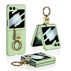 MiorMiar Ultra-Thin Leather Mobile Phone case for Samsung Galaxy Z Flip 5, Folding Hard PC Protective Shockproof Cover with Ring, Camera Protector Shell for Z Flip5 (Light Green)
