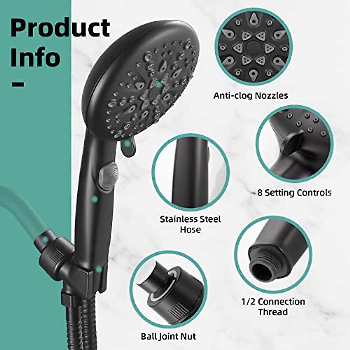 Cobbe High Pressure 9 Functions Shower Head with handheld, Built-in Power Spray to Clean Corner, Tub and Pets, Stainless Steel Hose Adjustable Bracket(Matte Black)