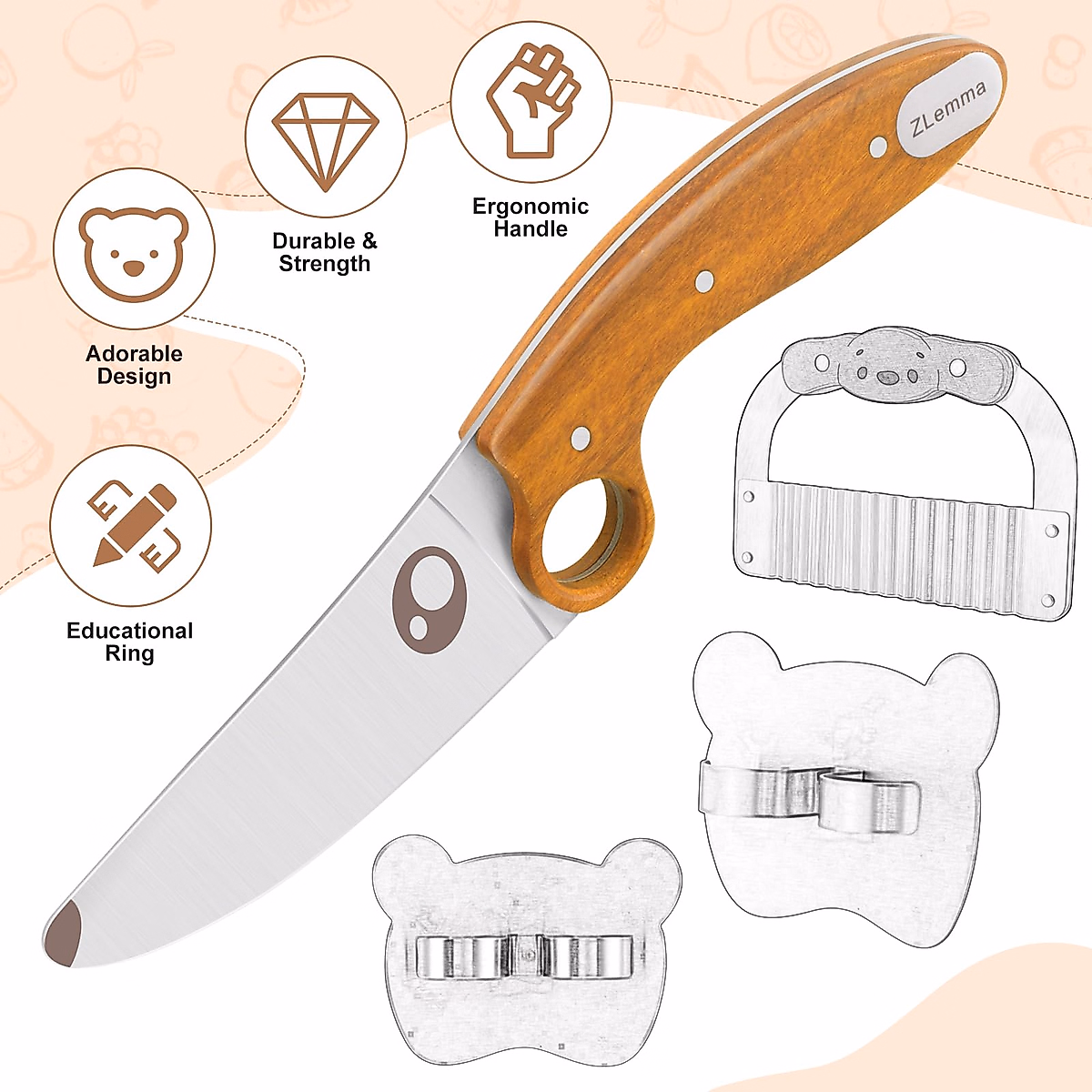 ZLemma Kids Knife Set for Real Cooking with Educational Ring & Crinkle Cutter, Chef Knife, Serrated Bread Knife -Premium Rosewood Handle & Japanese Stainless Steel Blade