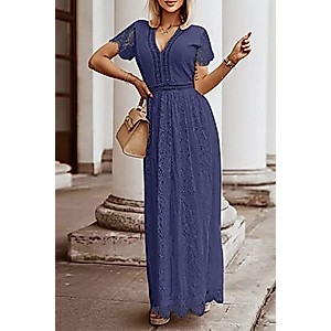 MEROKEETY Women's V Neck Short Sleeve Floral Lace Wedding Dress Bridesmaid Cocktail Party Maxi Dress Navy