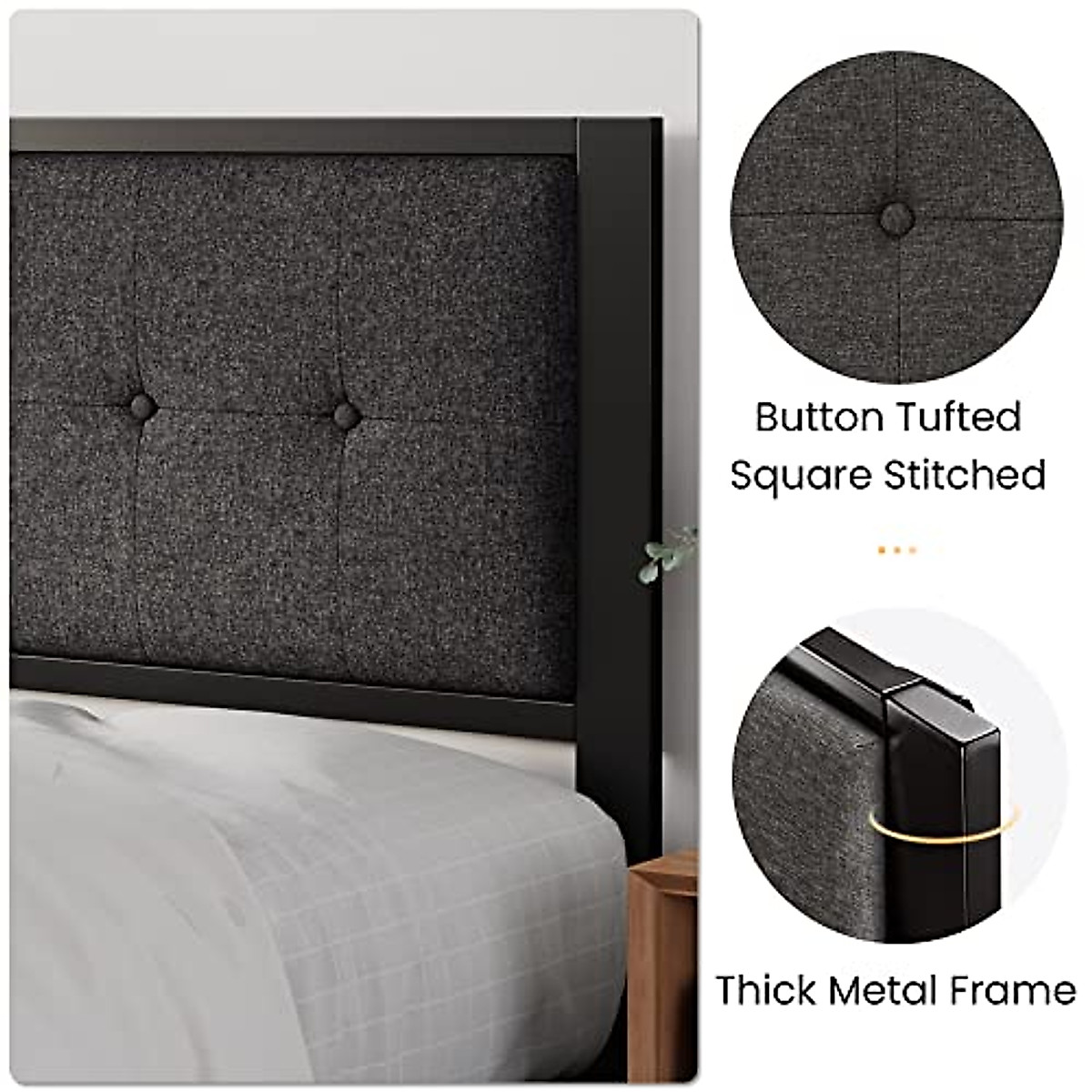 SHA CERLIN King Size Bed Frame with Upholstered Headboard, Platform Bed Frame with Metal Slats, Button Tufted Square Stitched Headboard, Noise Free, No Box Spring Needed, Easy Assembly, Dark Grey