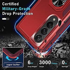 PULEN for Samsung Galaxy Z Fold 4 5G Case with Screen Protector+Camera Lens Protector (3 in 1),Magnetic Metal Ring Kickstand Cover [Military Grade] [Shockproof Protection] Heavy Duty Case -Red