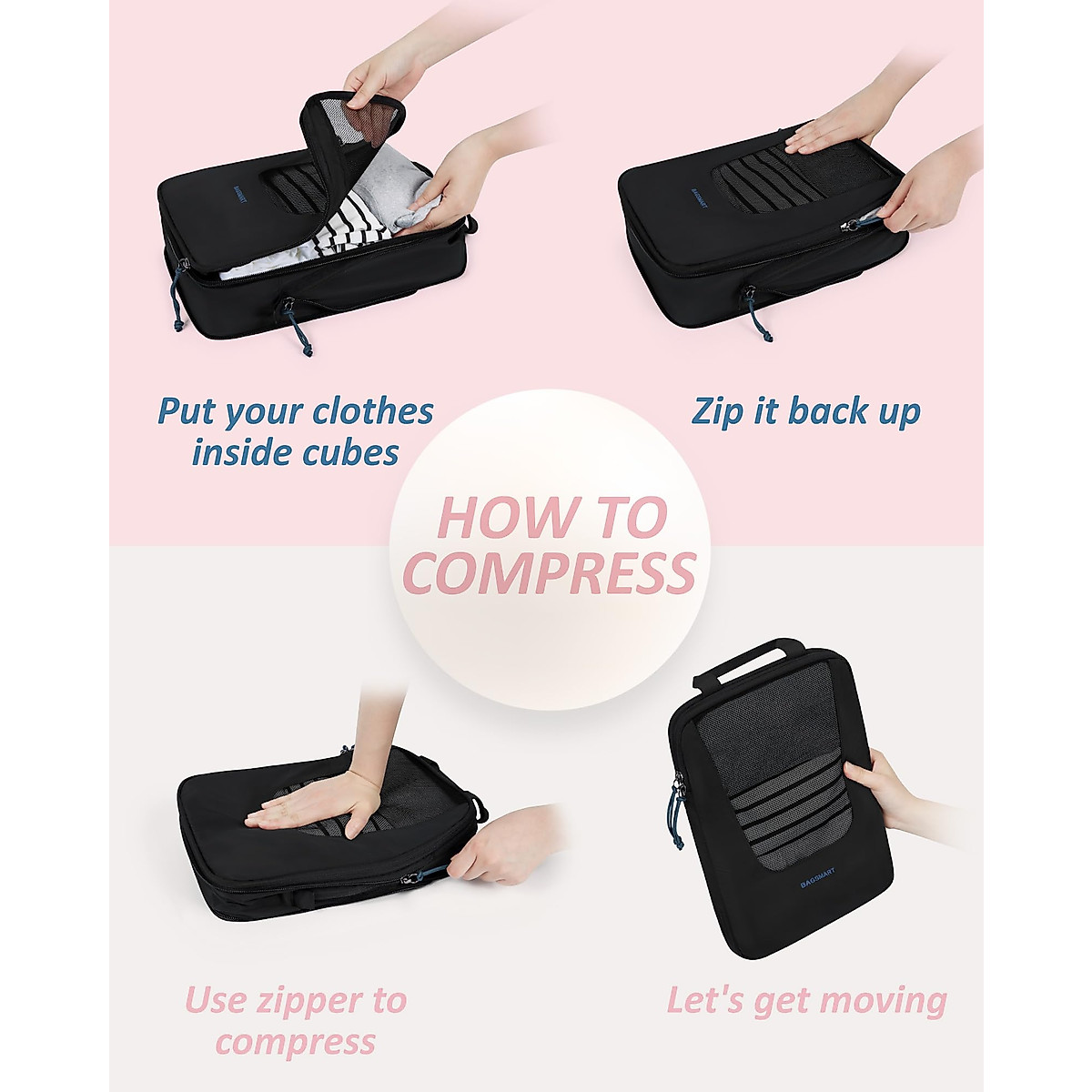 BAGSMART Compression Packing Cubes for Travel, 6 Set Travel Packing Cubes for Suitcases, Compression Suitcase Organizer Bags Set for Travel Essentials, Lightweight Packing Organizers