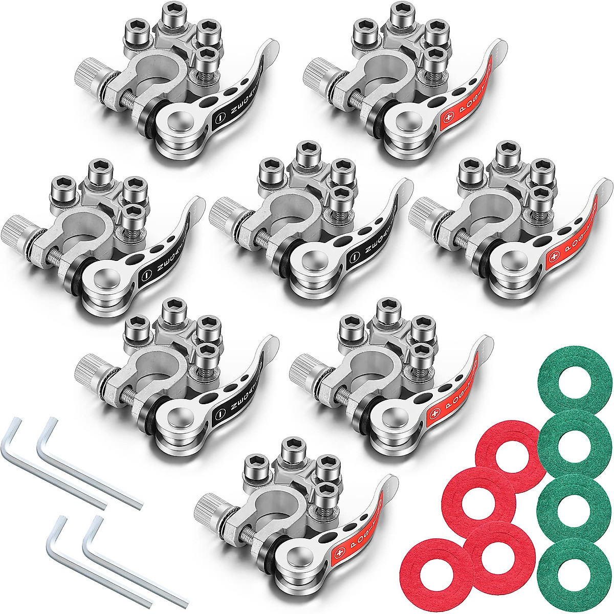 Tallew 8 Pcs Battery Terminal Connectors Quick Release Disconnect Car 4 Way Connector Clamps Positive Negative with Allen Wrench Washers Compatible with SAE/JIS Type A Posts
