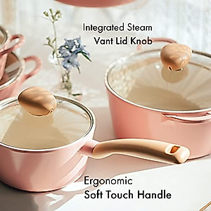 Neoflam Retro 5-Piece Ceramic Nonstick Cookware Set, PFOA Free Pots and Pans with Integrated Steam Vent Lid knob prevents boil over and Heat Resistant Silicone Grips for safer cooking at kitchen, Pink