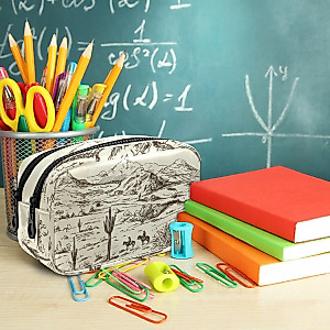 Glaphy American Western Cowboy Cactus Pencil Case, Large Capacity Pencil Pouch Zipper Portable Cosmetic Bag, for School Office College Traval