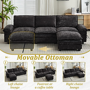 L Shaped Couch Sectional Sofa Couch with Ottoman, Cloud Couch Sectional Couches for Living Room, Modern Modular Sectional Sofa Sleeper Sofa Comfy Upholstered Furniture for Apartment (Black, 4-Seater)