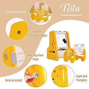 Tiita Kids Art Easel with Stool, 3 in 1 Double-Sided Magnetic Dry Erase Board and Kids Book Rack with Foldable Desktop, Standing Easel with Bottom Storage Shelf, Yellow