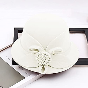 Womens 1920s Summer Sun Church Hats for Women Bucket Cloche Bowler Hat Vintage Cloche Round Hat with Flower White