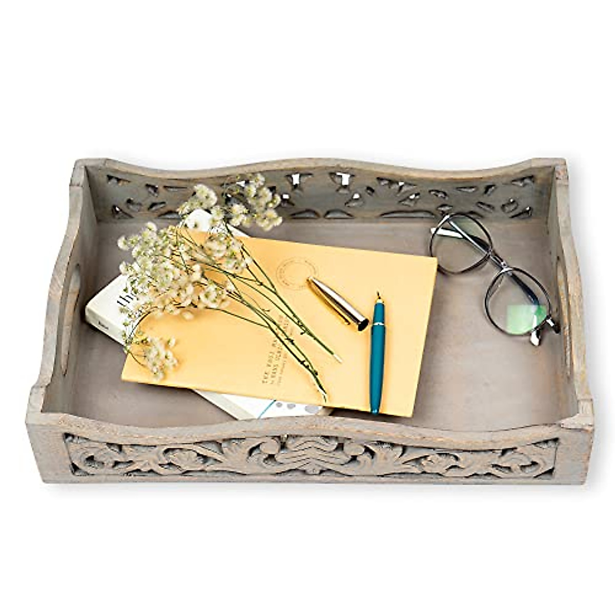 GoCraft Handmade Wooden Tray with Handles | Wood Ottoman Tray, Serving Tray for Breakfast in Bed, Tea, Coffee with Cutout Handles | Grey Washed Finish, Lattice Design (15" X 10" x 3")