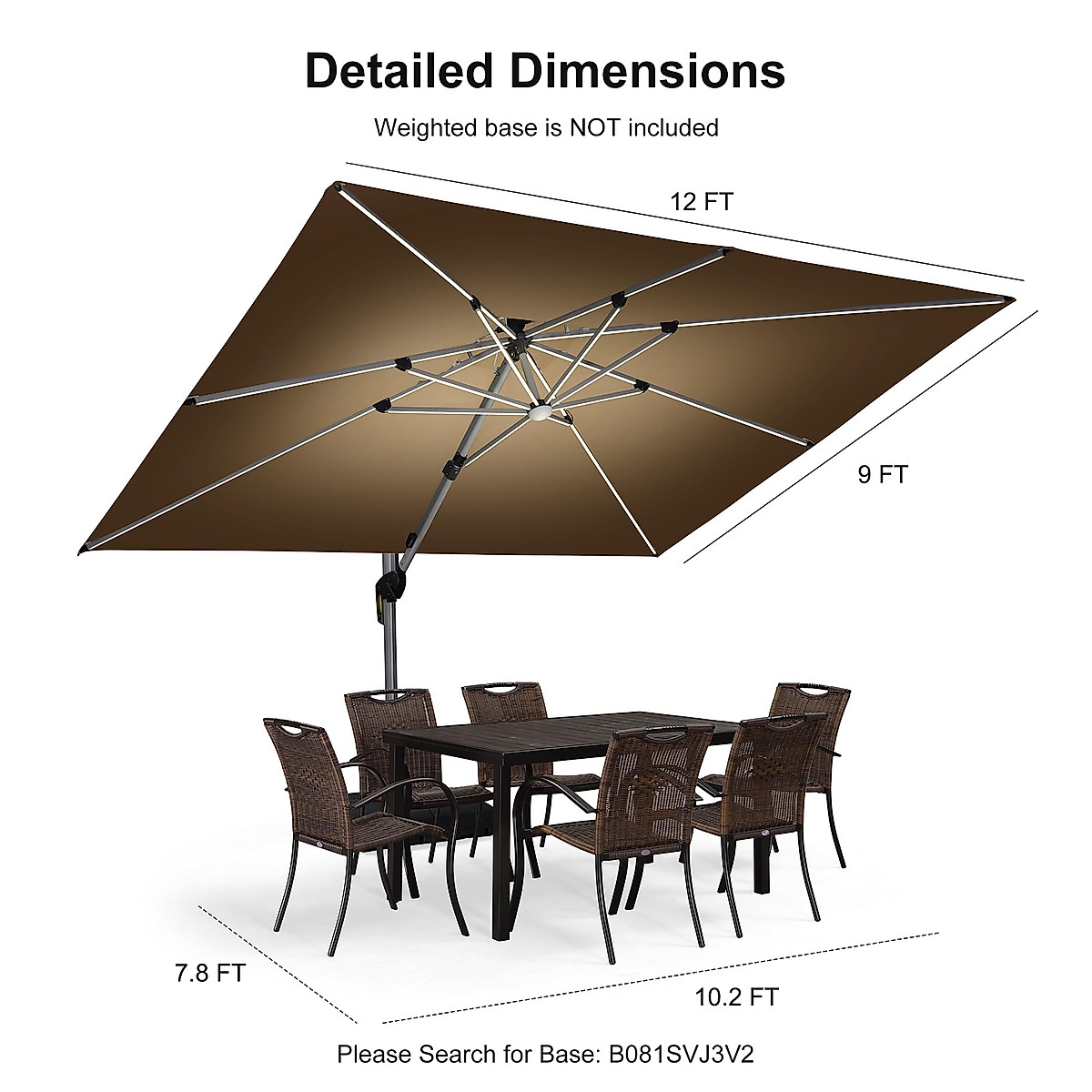 PURPLE LEAF 9' X 12' Double Top Deluxe Solar Powered LED Rectangle Patio Umbrella Offset Hanging Umbrella Outdoor Market Umbrella Garden Umbrella, Beige