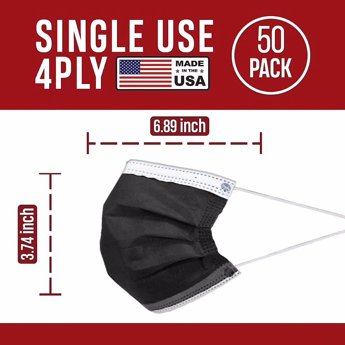 4-Ply Breathable Disposable Face Mask - Made in USA - Comfortable Elastic Ear Loop Multiple Colors (50, Black and White)