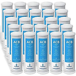 Express Water – 25 Pack Activated Carbon Block ACB Water Filter Replacement – 5 Micron, 10 inch Filter – Under Sink and Reverse Osmosis System