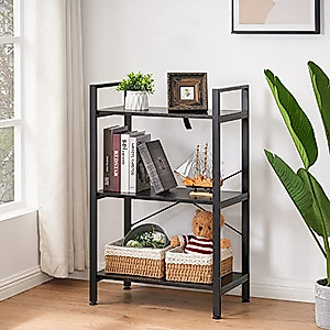 BEWISHOME 3 Tier Bookshelf Open Organizer, Black Small Bookshelf for Small Spaces, Industrial Wooden Storage Bookcase with Metal Frame for Bedroom Living Room and Home Office JCJ42B