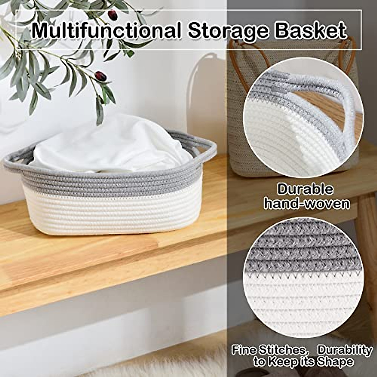 OIAHOMY Cotton Rope Storage Basket, Set of 5 Woven Baskets for Organizing with Handles, Decorative Basket for Baby Nursery, Dog Cat Toy Baskets - Grey & White