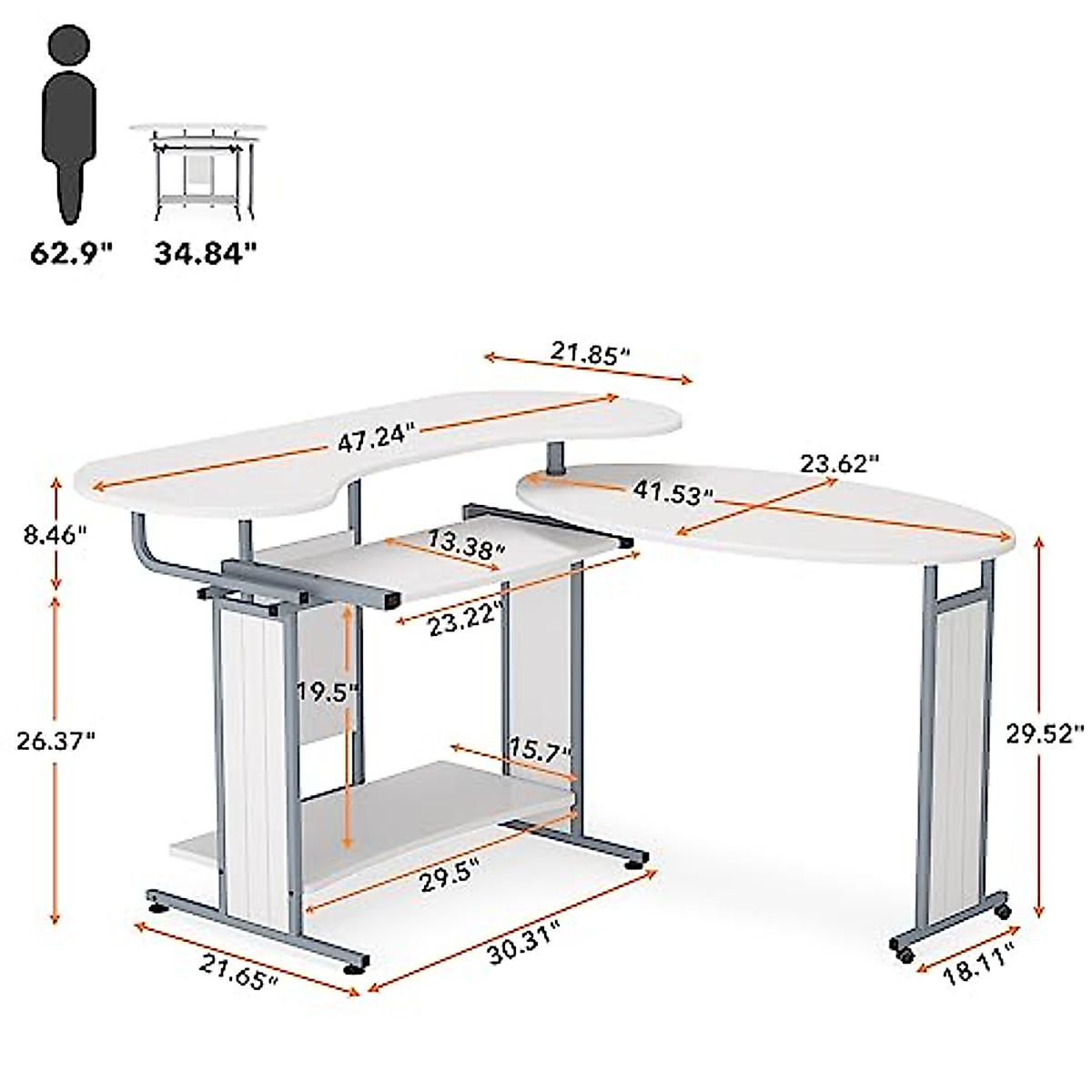LITTLE TREE L-Shaped Computer Desk, Rotating Corner Desk & Modern Office Study Workstation, for Home Office or Living Room (White)