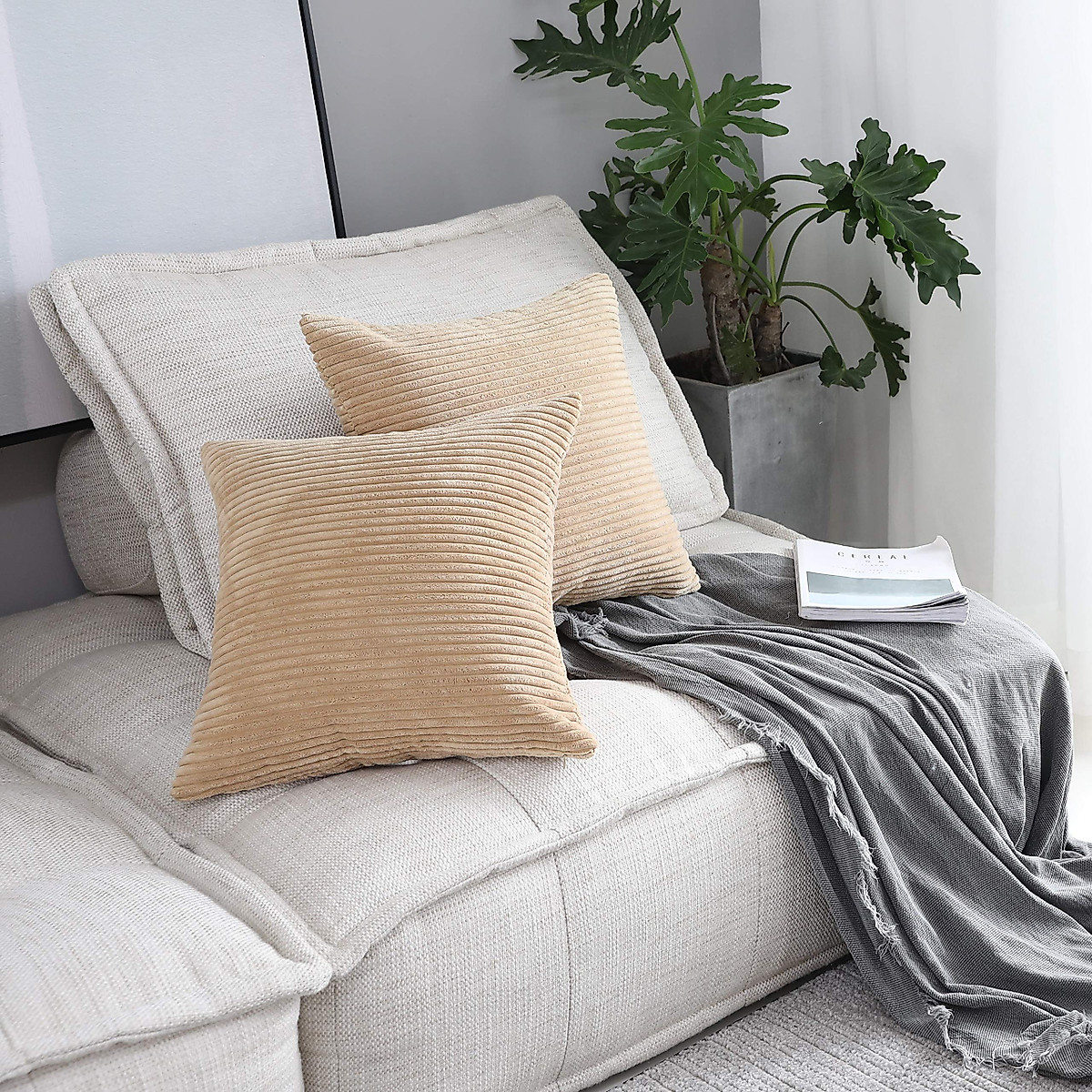 Home Brilliant Supersoft Decorative Pillow Covers Set of 2 Striped Velvet Corduroy Cushion Cover for Chair Couch Sofa, 50x50 cm, 20 x 20 Inch, Taupe