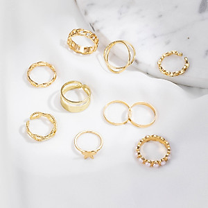 10Pcs Gold Dome Chunky Rings Set for Women Girls,18K Gold Plated Braided Twisted Round Signet Link Rings Adjustable Open Ring Band Statement Jewelry