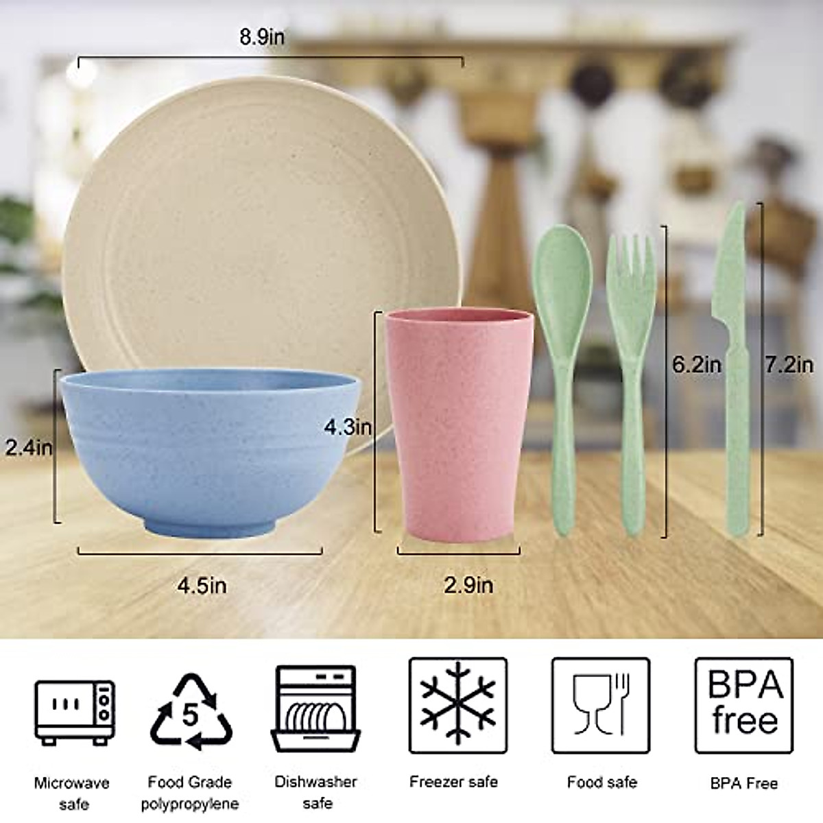 Wheat Straw Dinnerware Sets(24 pcs),Unbreakable Dinnerware Set for 4,Microwave & Dishwasher Safe Dinnerware,Kids Plates and Bowls Sets,Lightweight & Unbreakable Reusable Dishes,Camping Dish Set