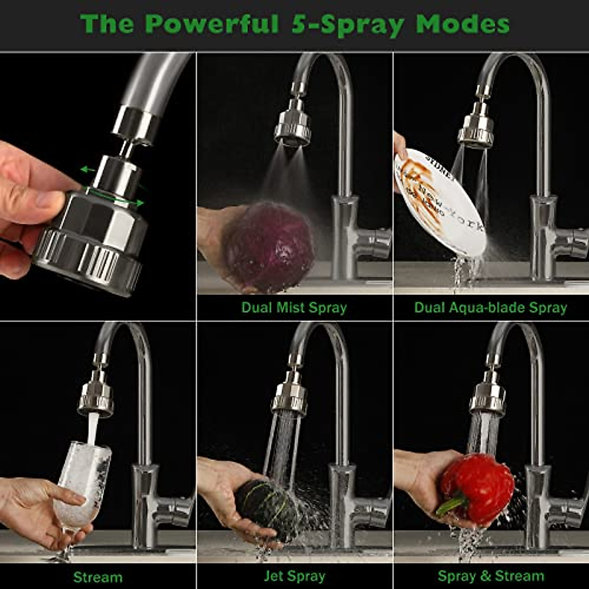 Faucet Sprayer Attachment, Big Angle Swivel Kitchen Faucet Aerator,Sink Faucet Head Replacement, 5 Spray Models, 55/64-27UNS Famale Thread, Male Thread Adapter included, Brushed Nickel