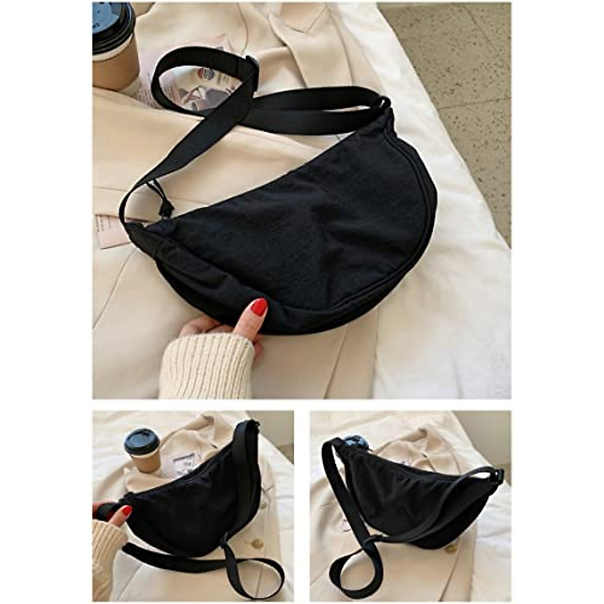 Aesthetic Crescent Bag for Women Men, Hobo Crossbody Bags Adjustable Strap Shoulder Bag Sling Chest Bag Nylon Dumpling Bag (Black,One Size)