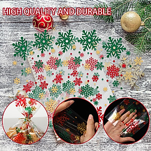 Resholder 100 Counts 28 x 13 cm Flat Clear Cellophane Treat Bags Block Bottom Storage Bags Sweet Bags with 100 Pieces Twist Ties For Christmas Party Favor (Red Green Gold Snowflake)