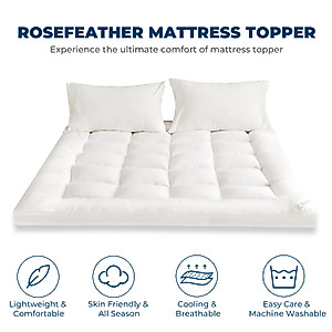 ROSE FEATHER Mattress Topper Queen, Mattress Pad Dorm Bedding, Bed Mattress Cover with Straps, Extra 2-inch Thick Mattress Pad Topper Cover with 100% 1500T Peach Skin Fabric(60"x80"), White