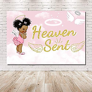 MEHOFOTO 7x5ft Heaven Sent Girl Baby Shower Party Backdrop Props Light Pink Sky White Cloud Angel Wing Decorations God Gift Photography Background Photo Banner for Dessert Table Supplies