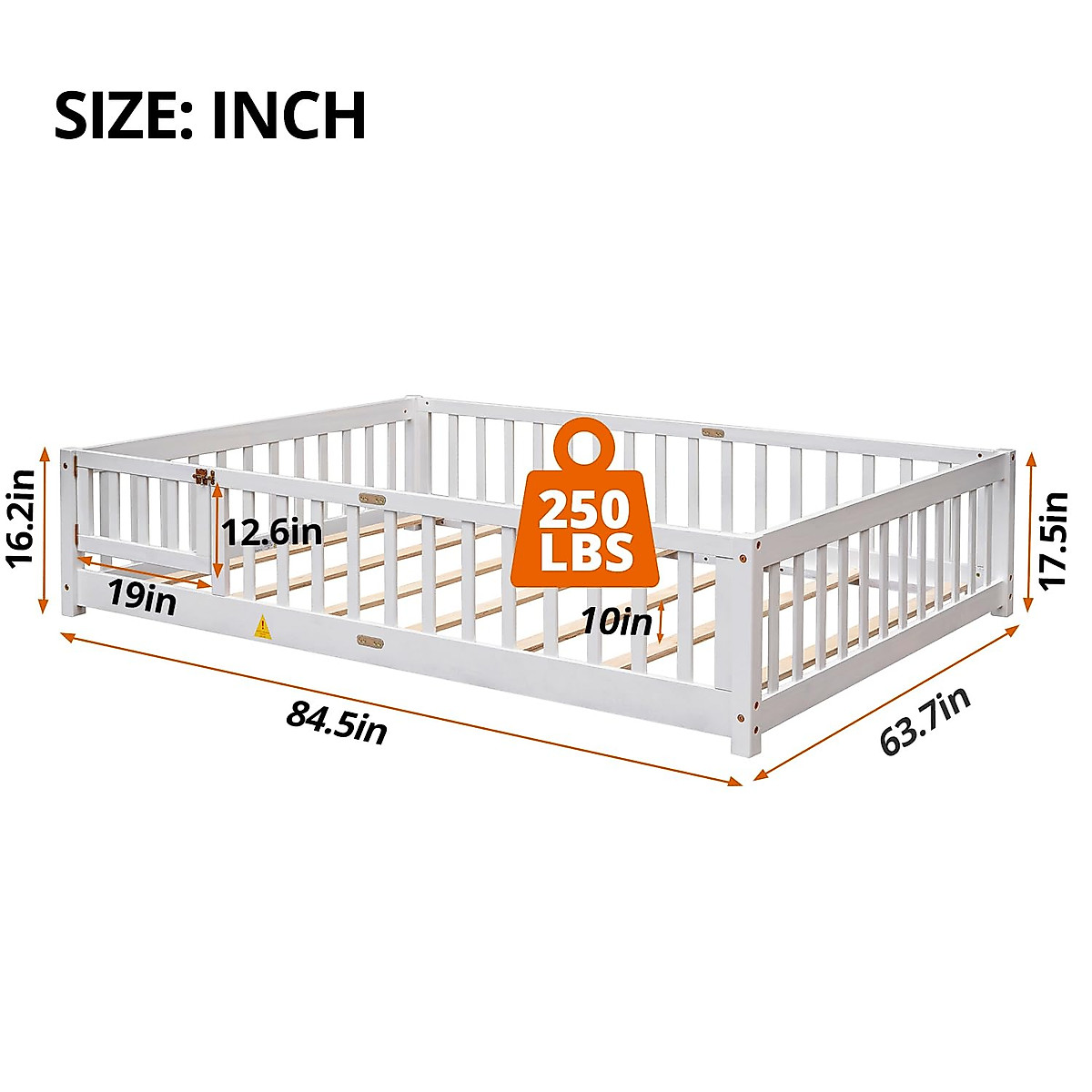 LLS Queen Floor Bed for Children, Durable Montessori Floor Bed with Wood Slats, Safety Fence & Small Door, Wood Floor Bed Frame for Girls Boys Children, White (with Bed Slats)