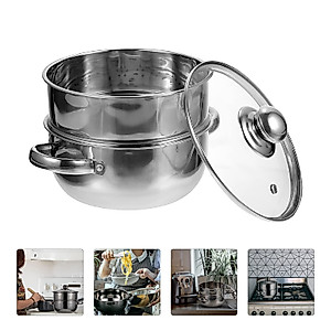 Cabilock Steaming Pot 2- Tier Heavy Duty Stainless Steel Steamer Pot with Handles Glass Lid Multipurpose Stock Pot Sauce Pot Soup Pot Steam Pot Set for All Cooking Surfaces Big Steamer Pots