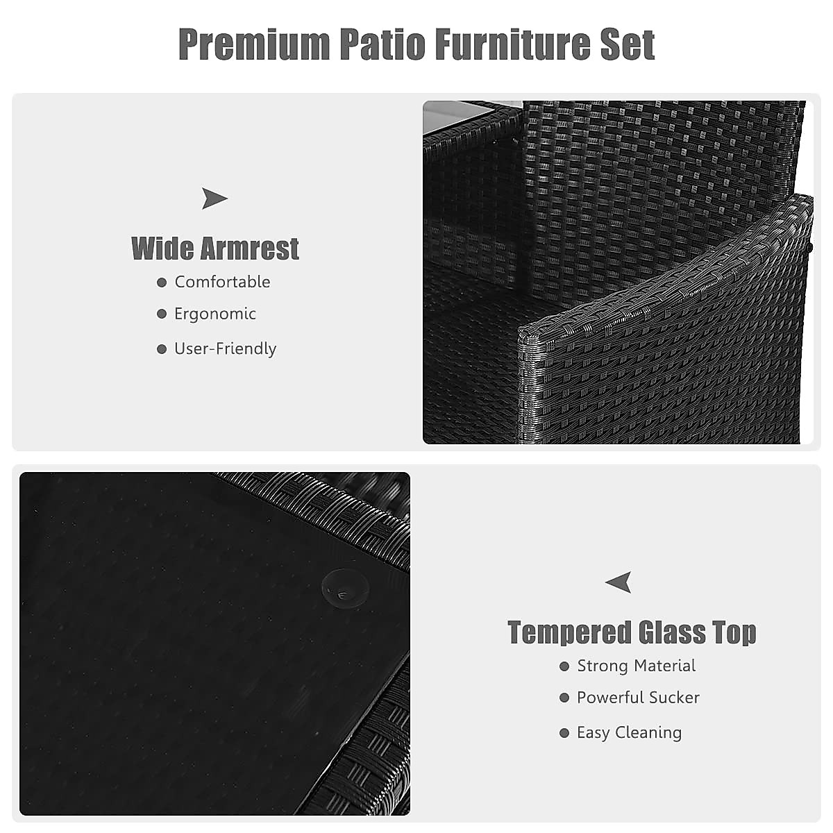 LDAILY Patio Conversation Set, Modern Rattan Loveseat, Outdoor Furniture Set with Removable Cushions & Table, Patio Wicker Sofa Set, Tempered Glass Top, Ideal for Garden Lawn Backyard