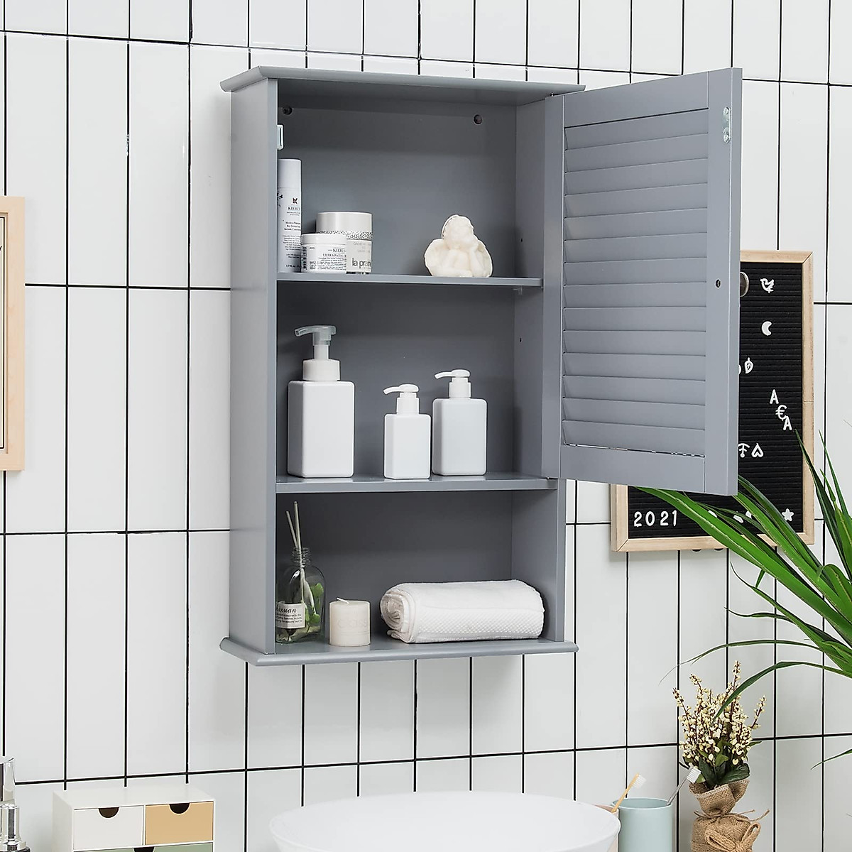 Tangkula Medicine Cabinet, Wall Mounted Bathroom Cabinet Single Door Wooden Bathroom Wall Cabinet with Adjustable Shelf (Grey)