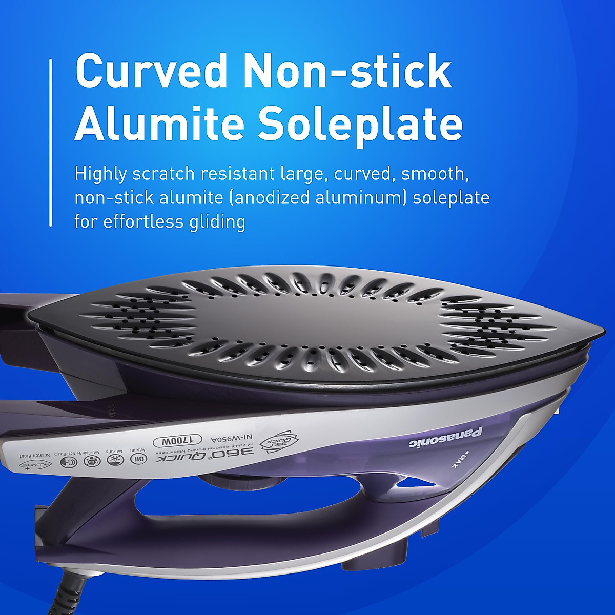 Panasonic Dry and Steam Iron with Alumite Soleplate, Fabric Temperature Dial and Safety Auto Shut Off – 1700 Watt Multi Directional Iron – NI-W950A, Purple