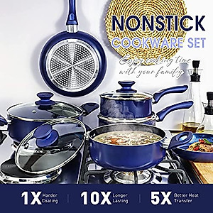 Pots and Pans Set,Aluminum Cookware Set, Nonstick Ceramic Coating, Fry Pan, Stockpot with Lid, Blue,10 Pieces