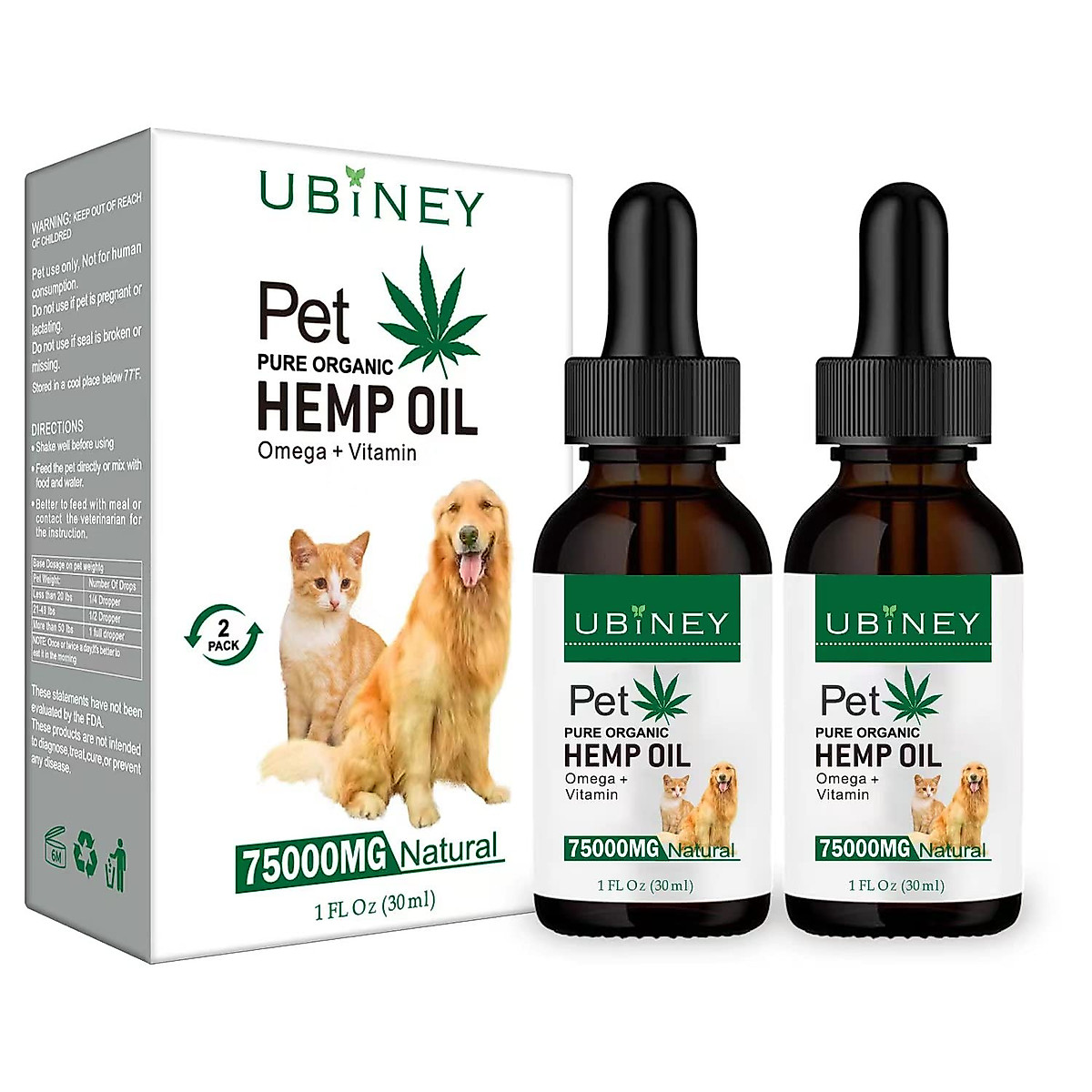 Ubiney Hemp Oil for Dogs and Cats,2-Pack Hemp for Dogs 100% Organic with Omega 3, 6, and 9 Fatty Acids (2 Oz), Vitamin E, C, Cat and Dog Anxiety Relief, Hip and Joint Pain Relief Support, Skin Health