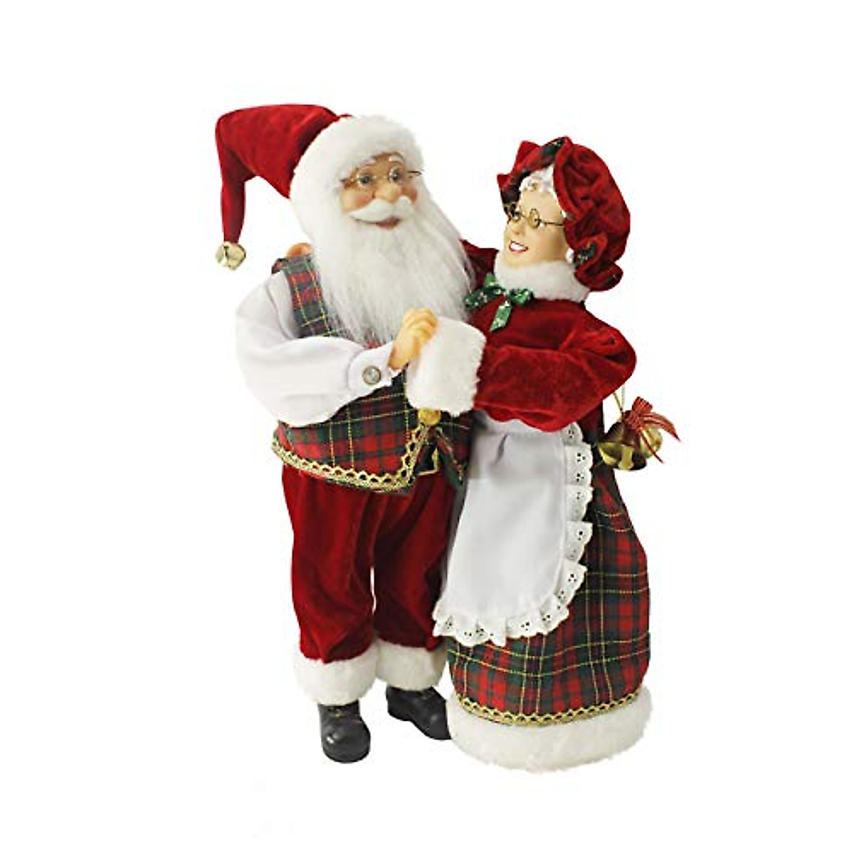 Windy Hill Collection Dancing Mr & Mrs Santa Claus Red, Green, Gold Plaid 16" Inch Standing Figurine Figure Decoration 160051