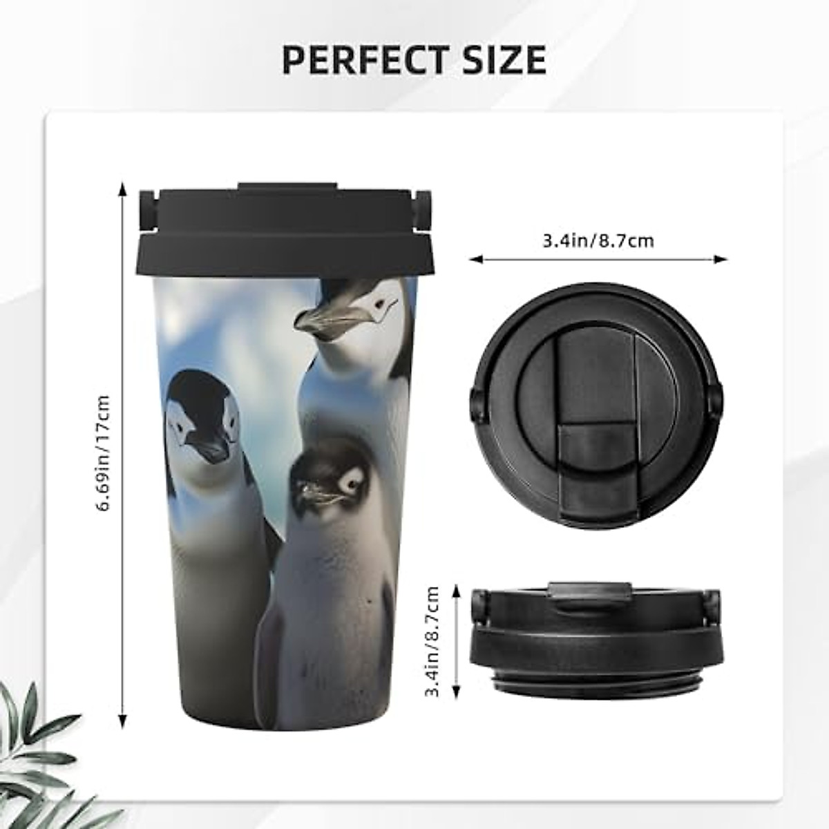 Reusable Coffee Mug with Lid and Handle, Penguin Parents and Chicks Antarctica Large Tumbler for Hot & Cold Drinks 16oz Stainless Steel Insulated Coffee Tumblers Double Wall Vacuum Thermal Cup
