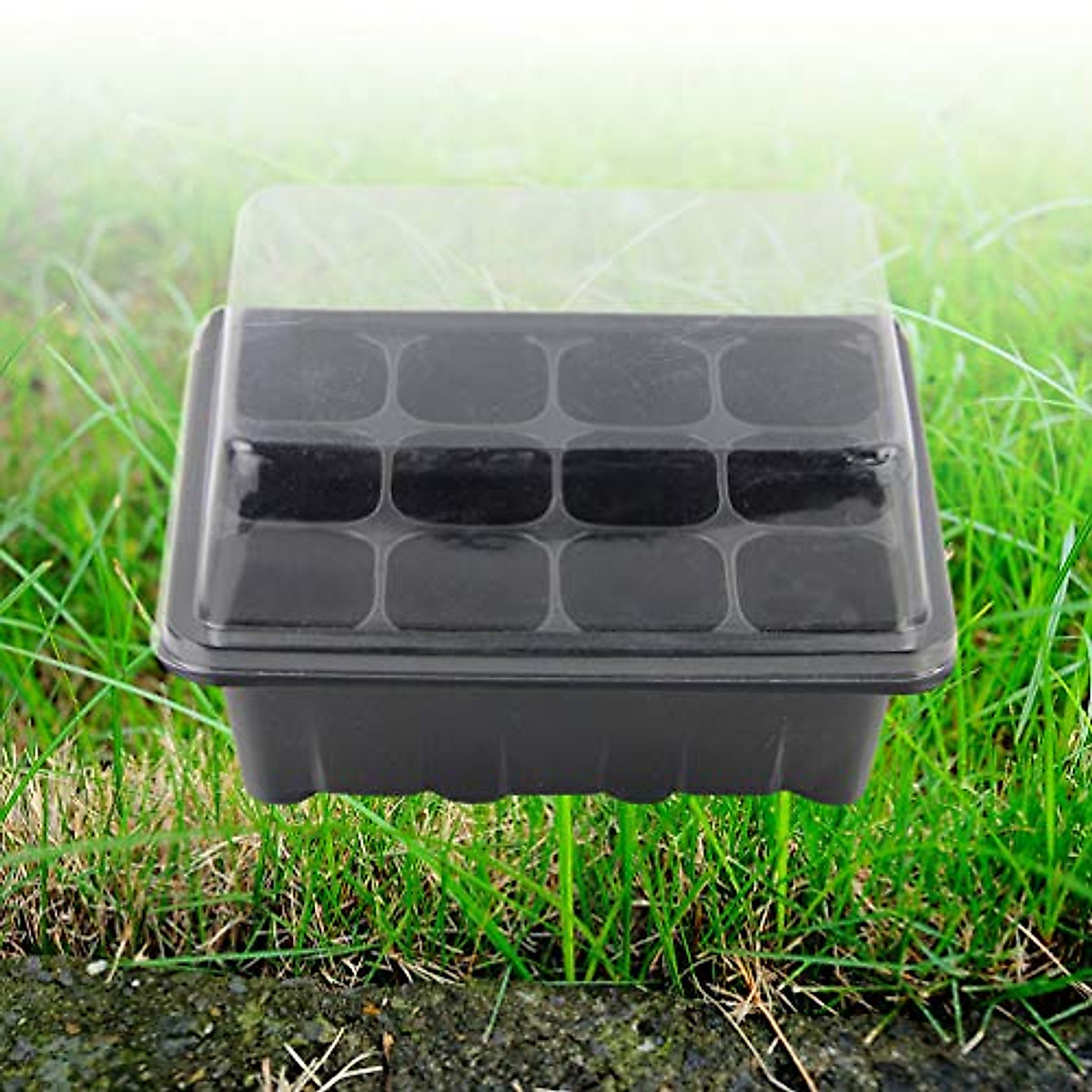 12 Holes Plastic Nursery Pot Grow Container Sprout Plate with Transparent Lids for Gardening Flower Cultivation Planting Containers 5Pcs (Black)